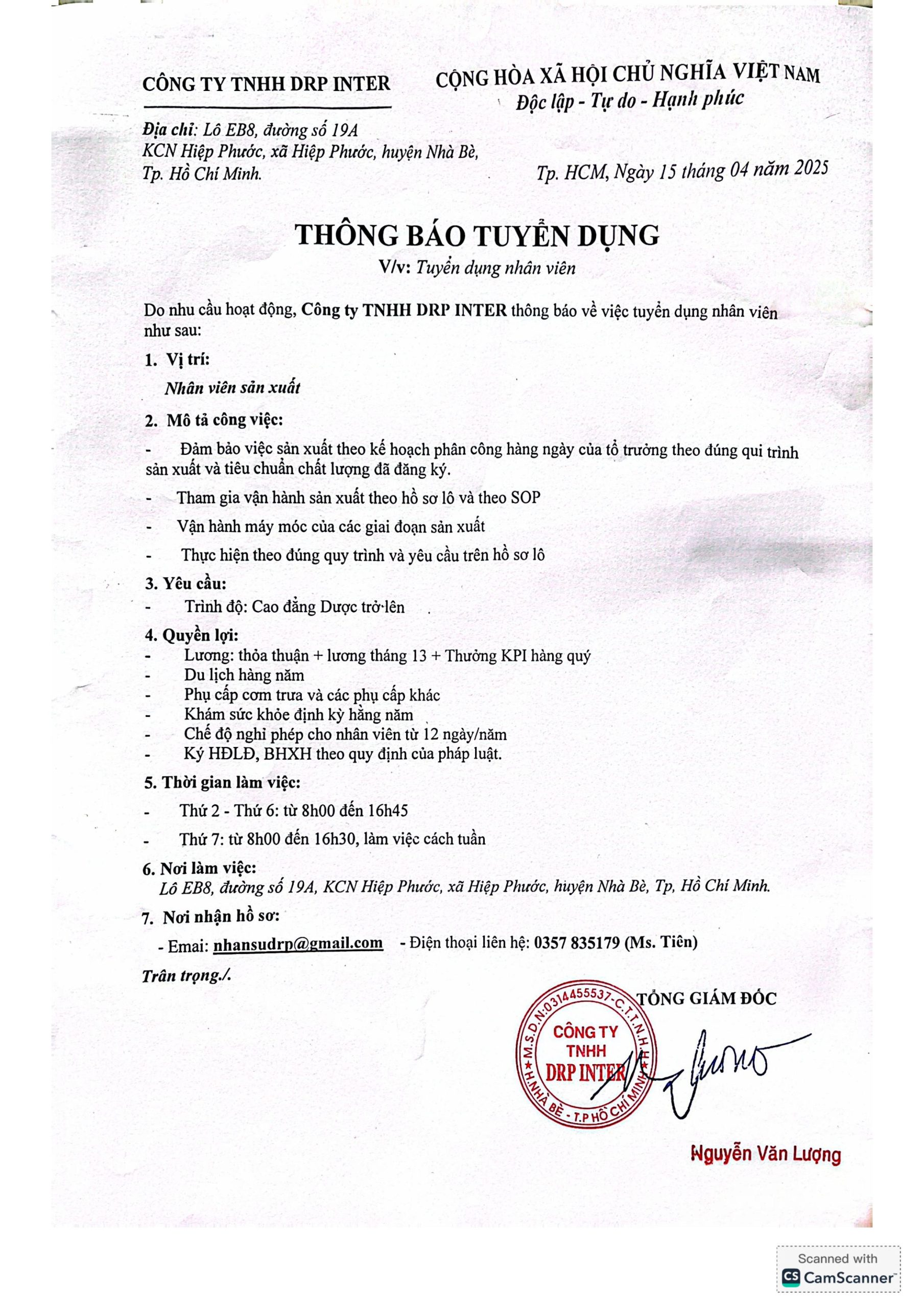 Tuyển dụng nhân viên sản xuất công ty TNHH DRP INTER - Khoa Dược 2021